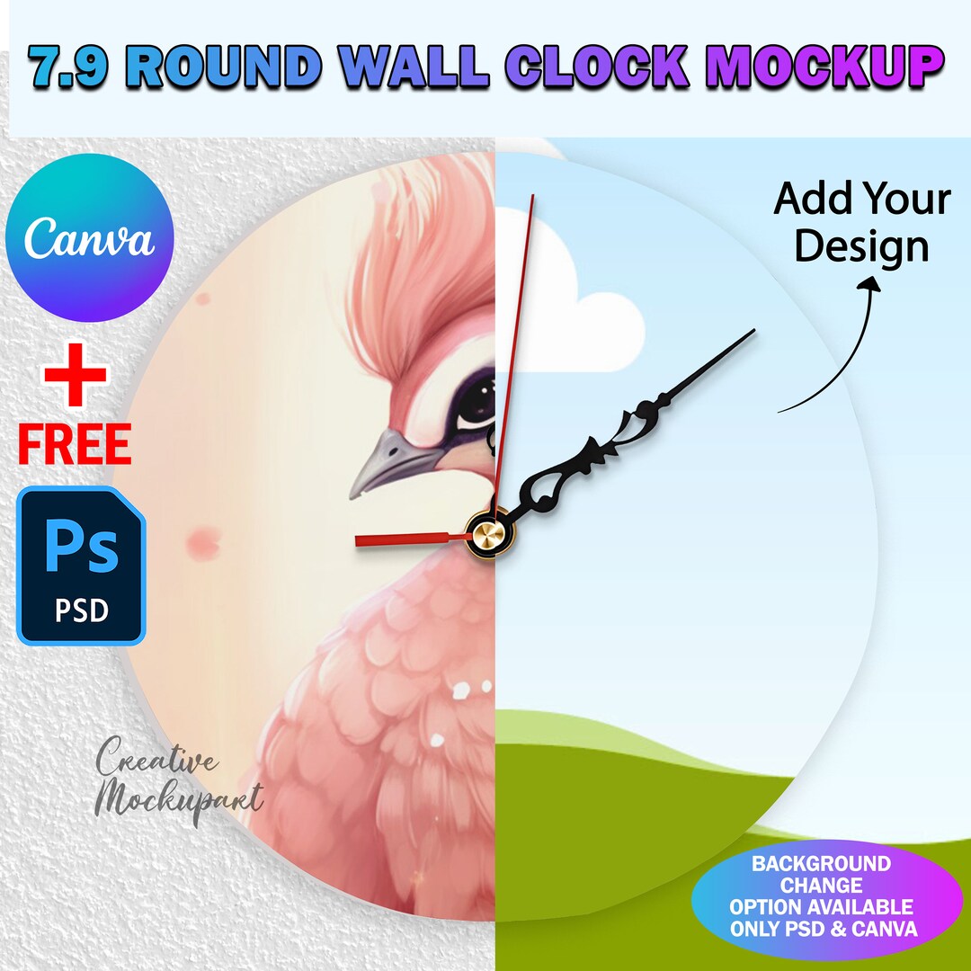 Canva Frame 7.9" Round Wall Clock Mockup, MDF Wall Clock Mockup Insert ...