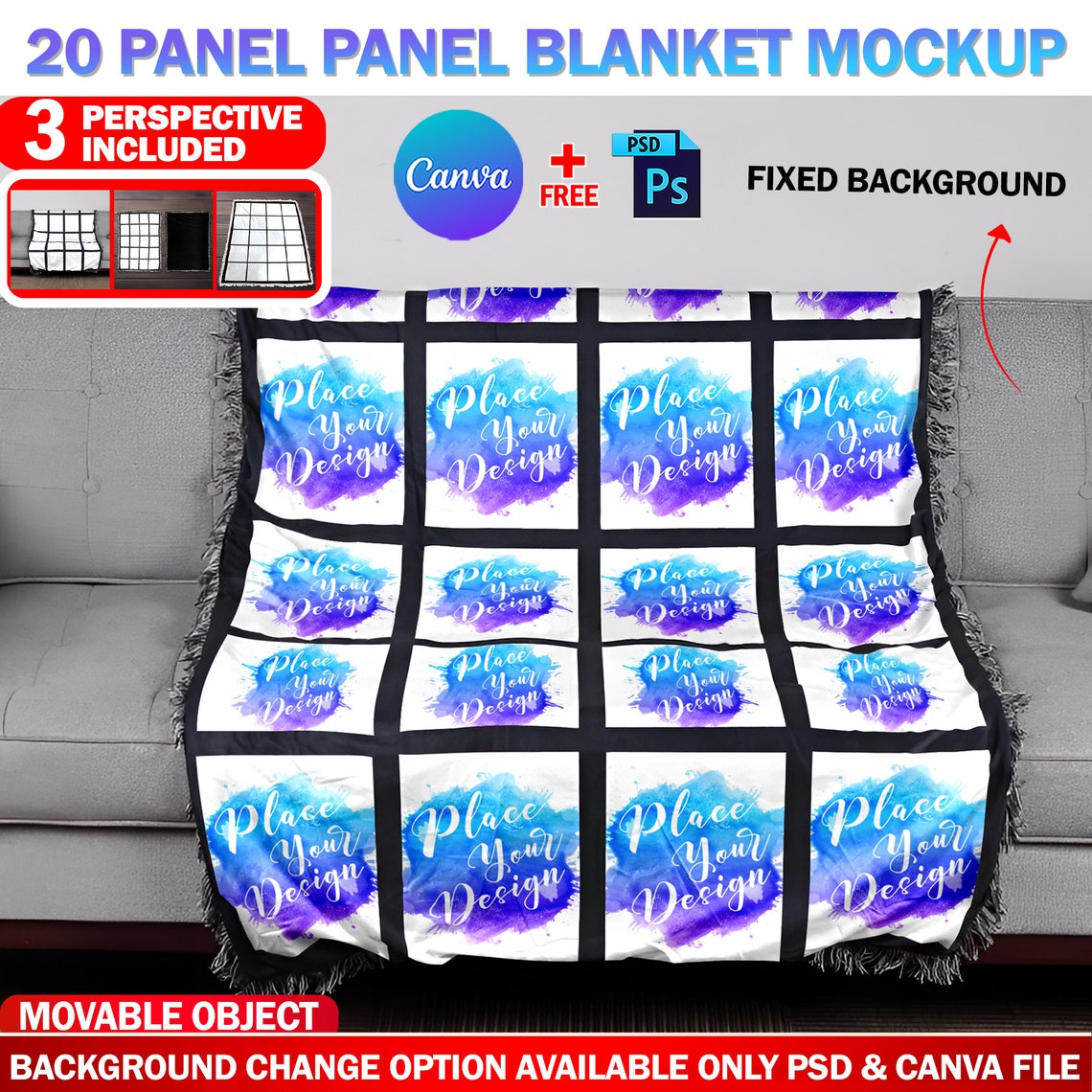 Canva 20 Panel Blanket Mockup With Fringe Edges for Sublimation, 3 ...