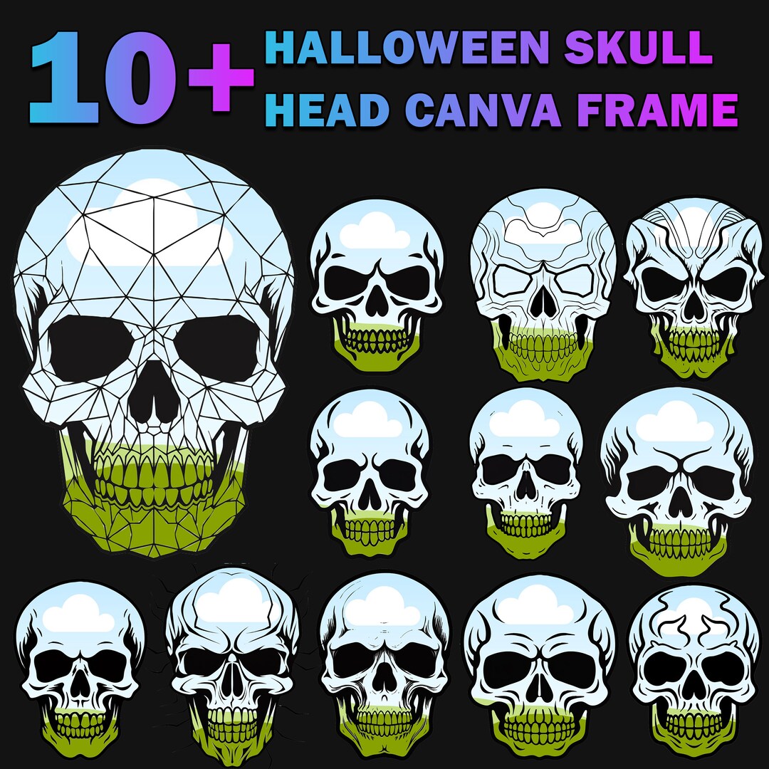DIY Halloween Skull Head Canva Frames: Human Skeleton Bundle, Spooky ...