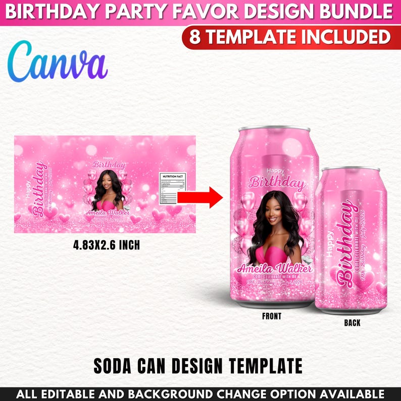 8X Birthday Party Favor Template Bundle, Pink Canva Editable Graduation ...