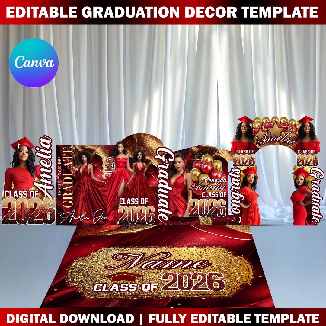 Custom Graduation Decor Canva Template Bundle, Name Cutout, Red Grad ...