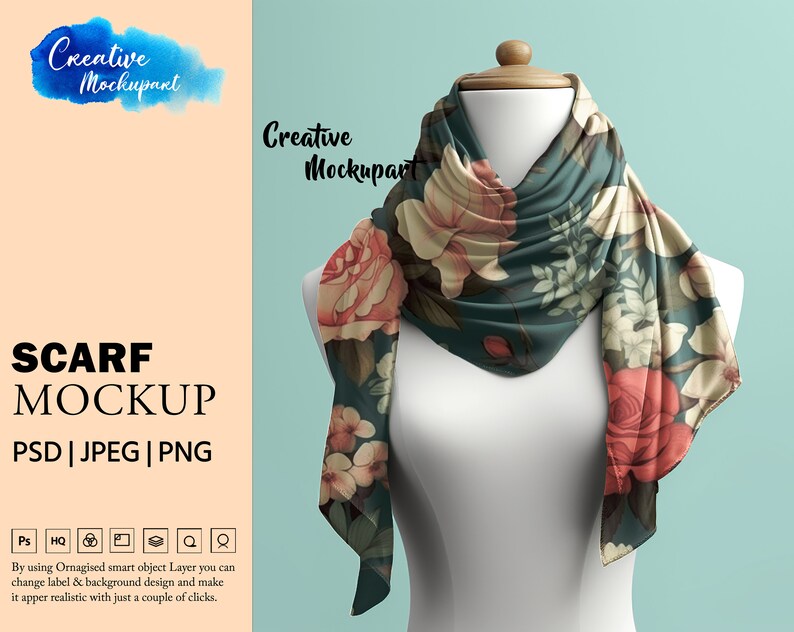 Silk Scarf Mockup | Wrapped Bandana Mockup| Change Background, Add Your ...