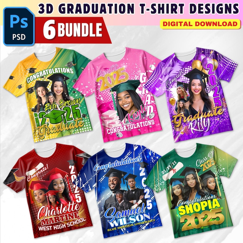6x Graduation 3D Shirt Design Bundle, Grad T-shirt Design PDS Templates ...