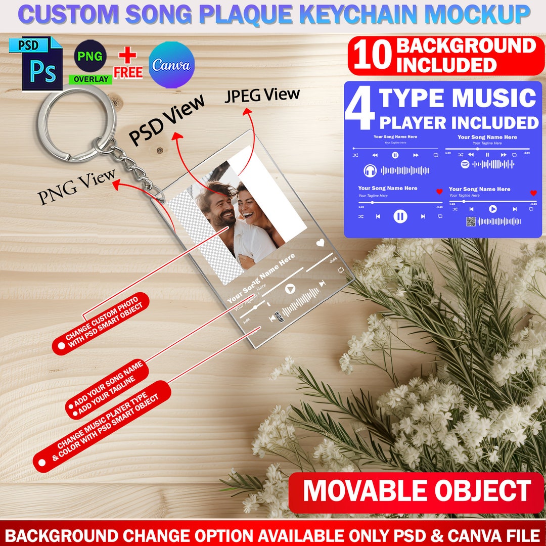 Custom Song Plaque Keychain Mockup, Personalized Photo Music Keychain ...