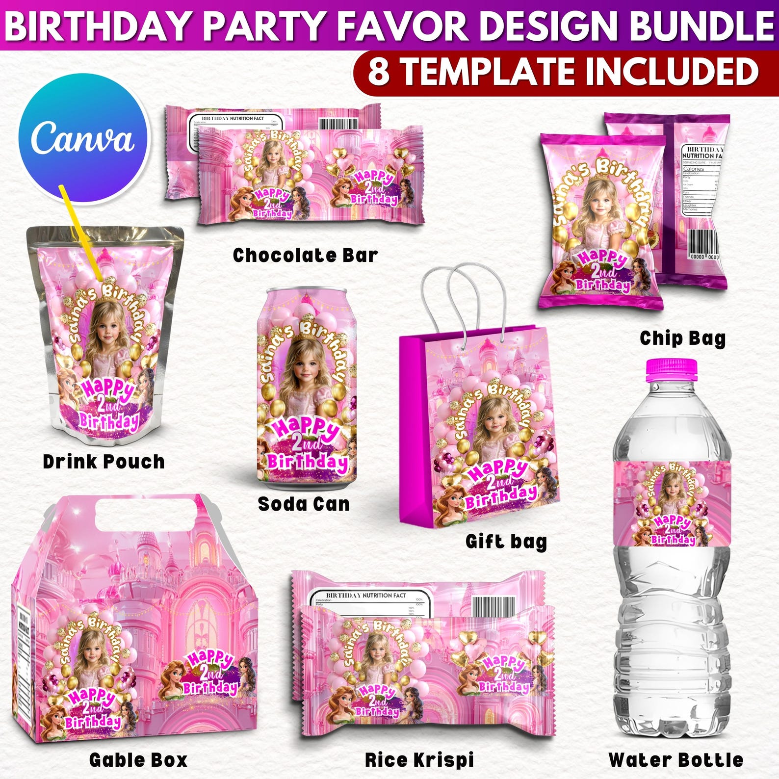 8X Birthday Party Favor Template Bundle, Pink Canva Editable Birthday ...