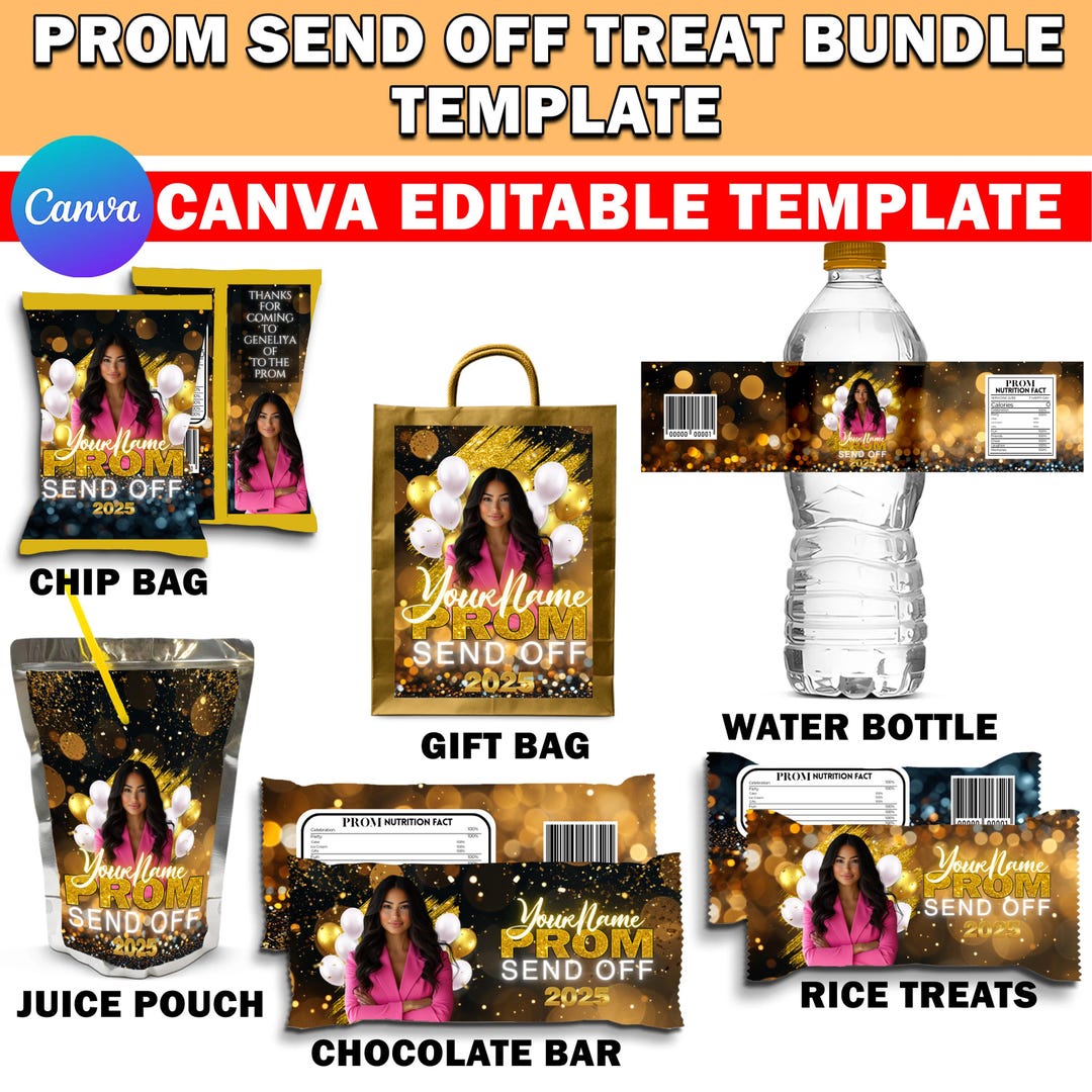 Prom Packaging Template Bundle, Yellow & Gold Prom Send off Treats ...