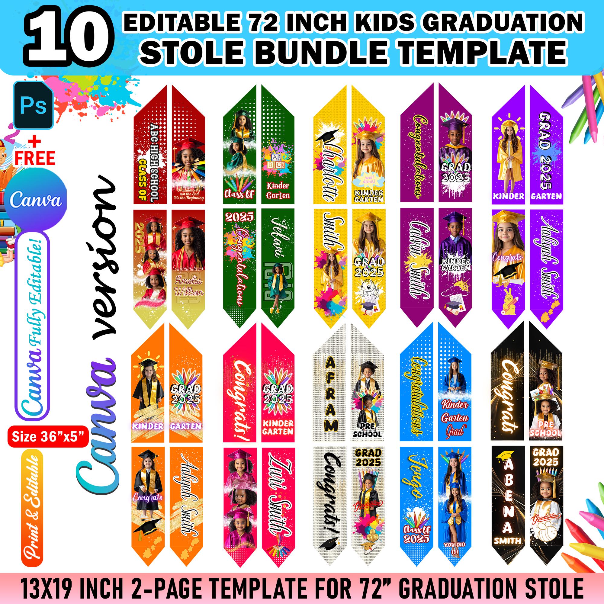 10X PSD + Canva Kids Graduation Stole Template Design Bundle for ...