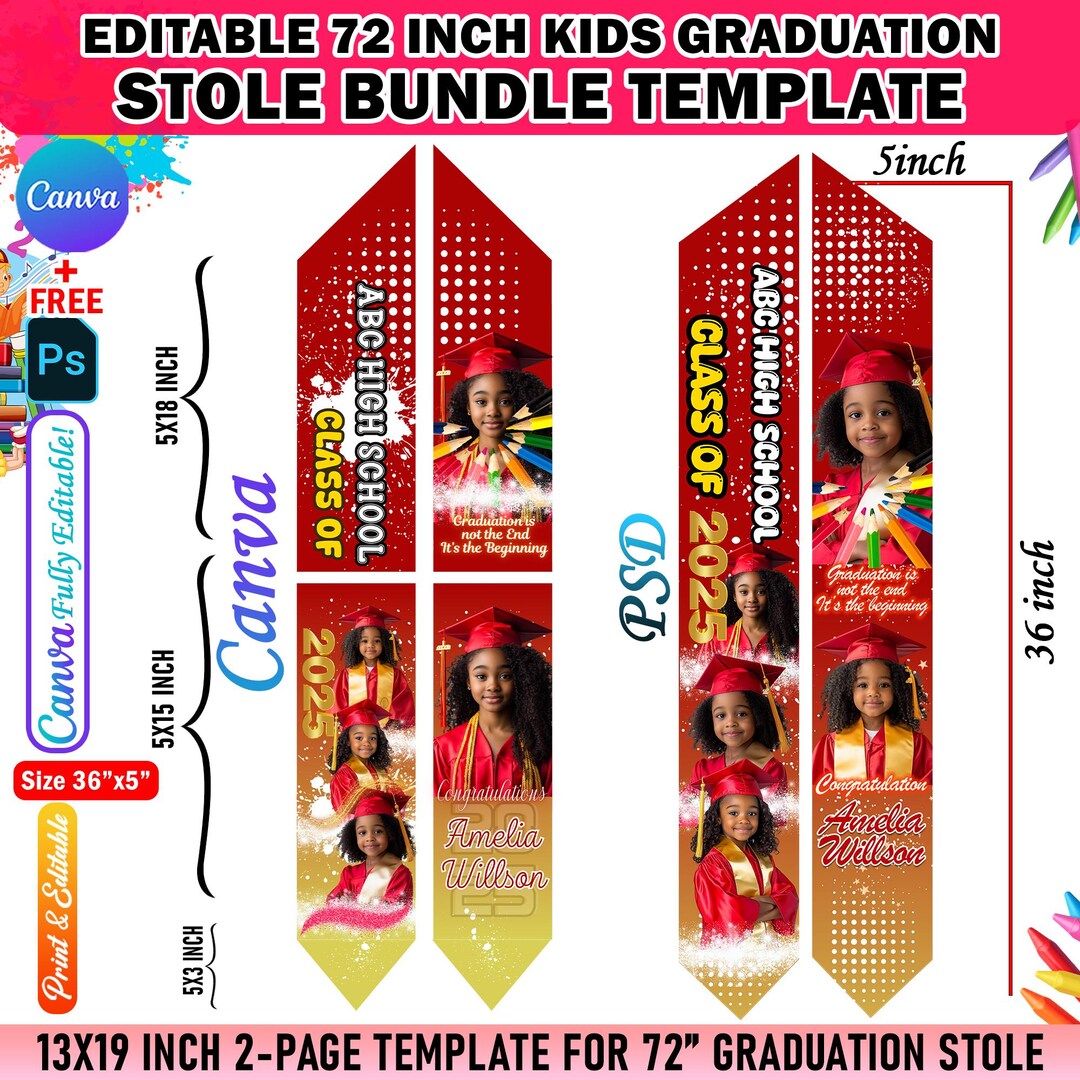 72 Inch Kids Graduation Stole Sash Graduation Stole Red Rose or Change ...