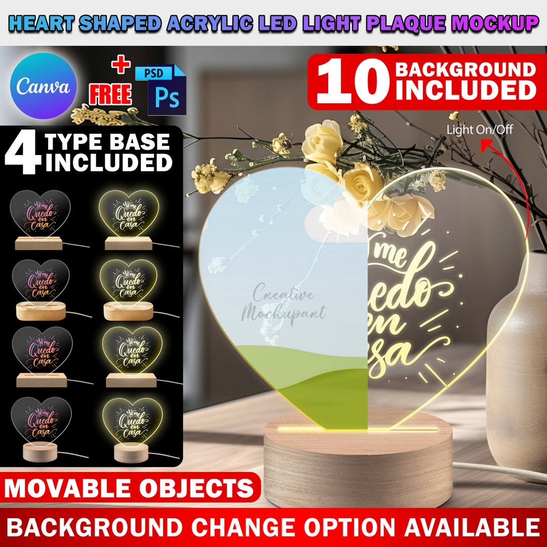 Canva Heart Shaped Acrylic LED Light Plaque Mockup, Personalized Heart ...