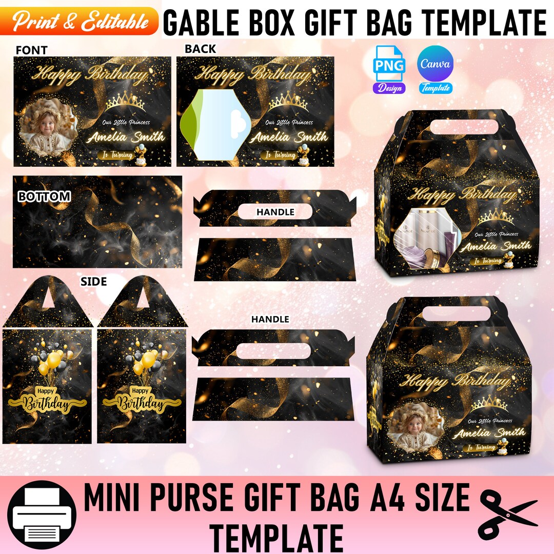 Editable Birthday Gable Box Gift Template, Black & Gold Birthday Favor ...