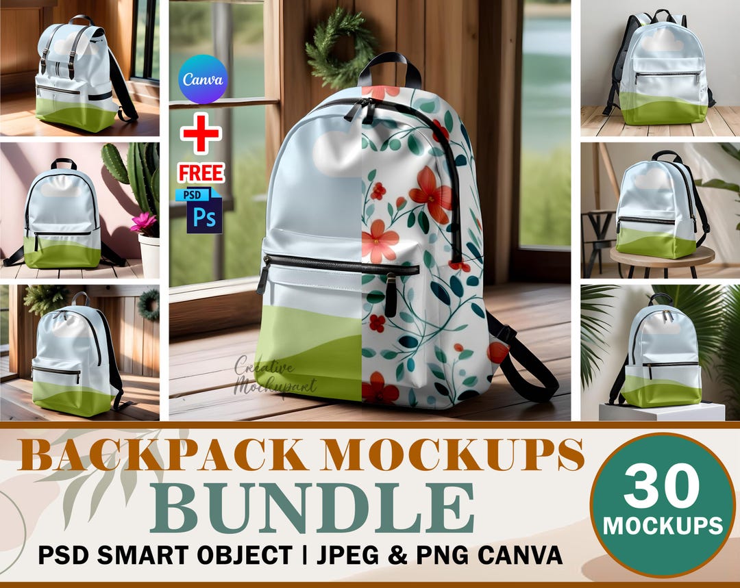 30x Canva Dye Sublimation AOP Backpack Mockup Bundle, AOP Backpack for ...