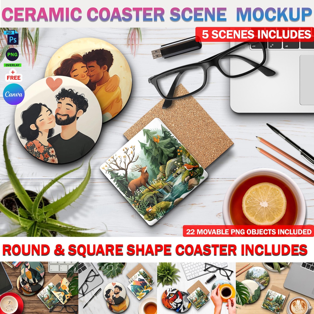 PSD 5X Custom Coaster Mockup Scene, Round and Square Coaster Template ...