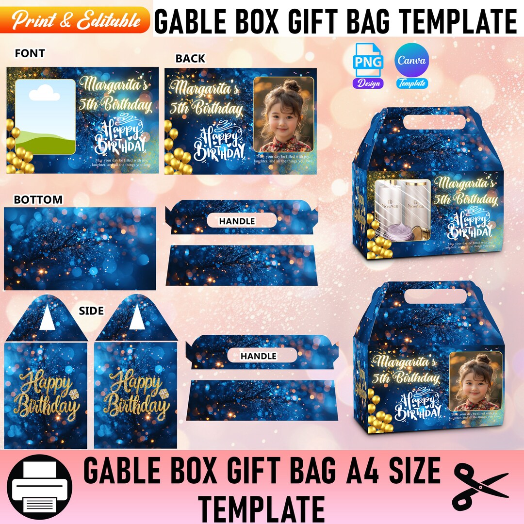 Editable Birthday Gable Box Gift Template, Sparkle Blue Birthday Favor ...