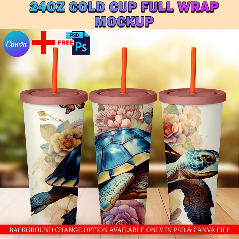 Canva 24oz Cold Cup Full Wrap Mockup, 24oz Cup With Lid and Straw ...