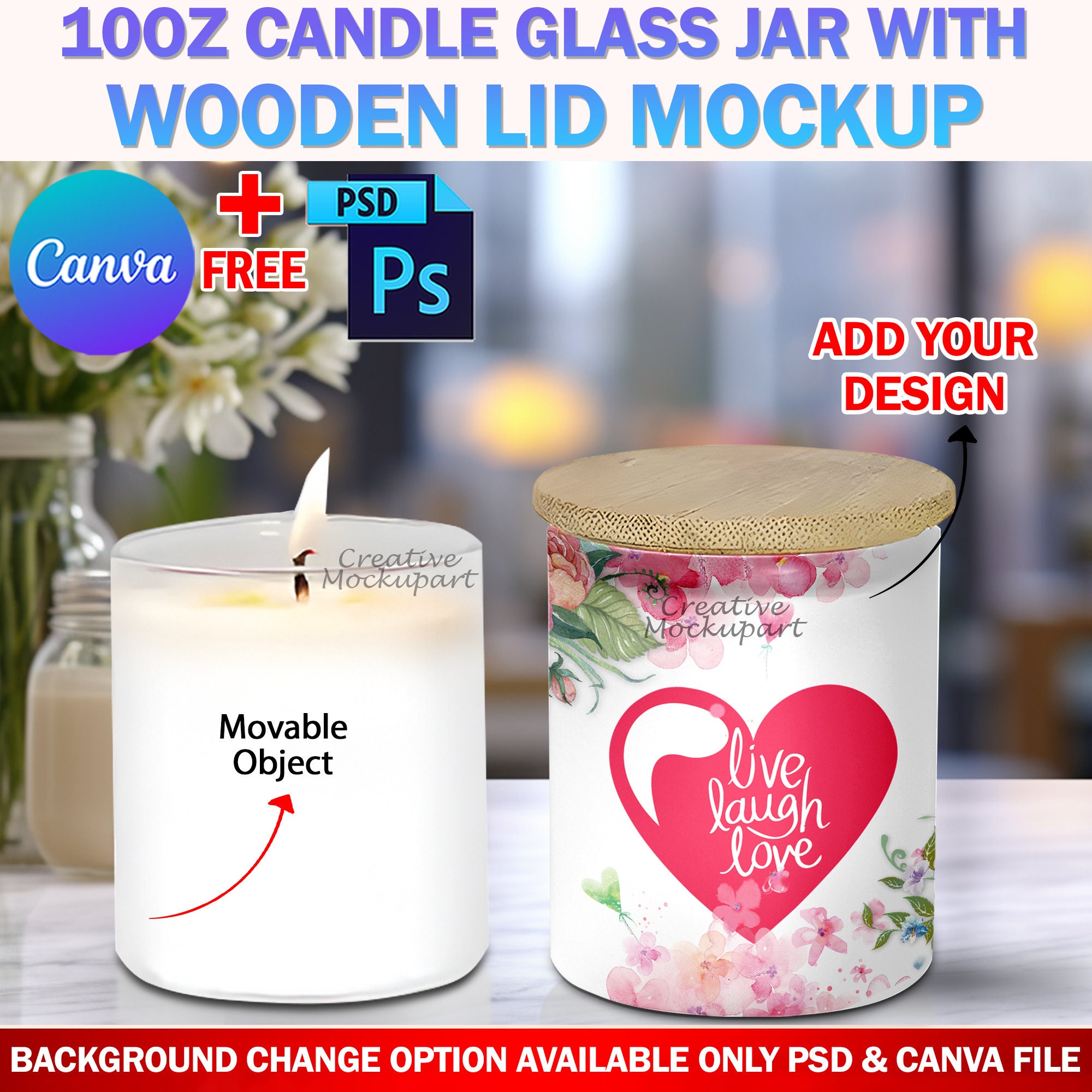 Dye Sublimation 10oz Frosted Candle Glass Jar With Wooden Lid Mockup ...