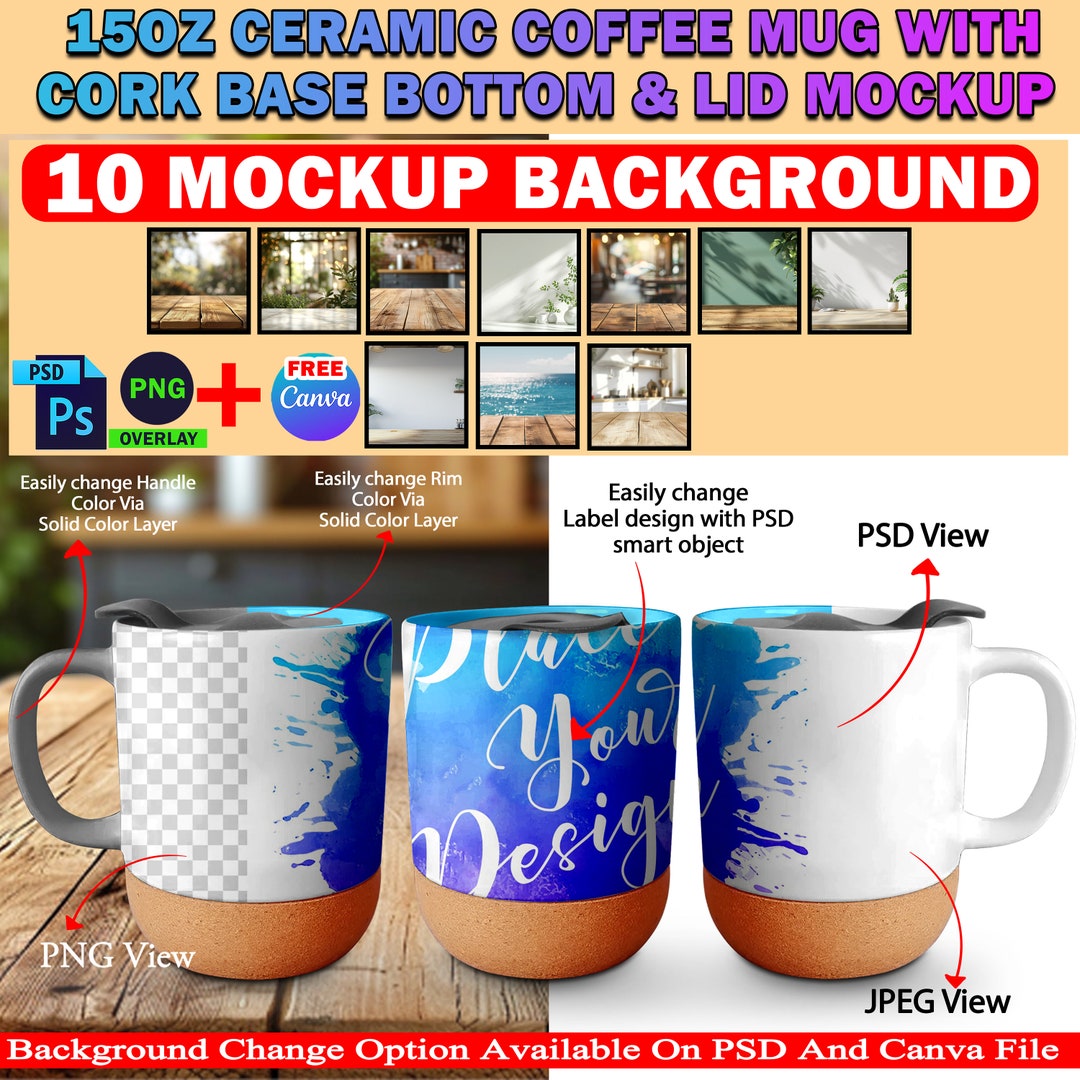 Dye Sublimation 15oz Ceramic Coffee Mug With Cork Base Bottom and Lid ...