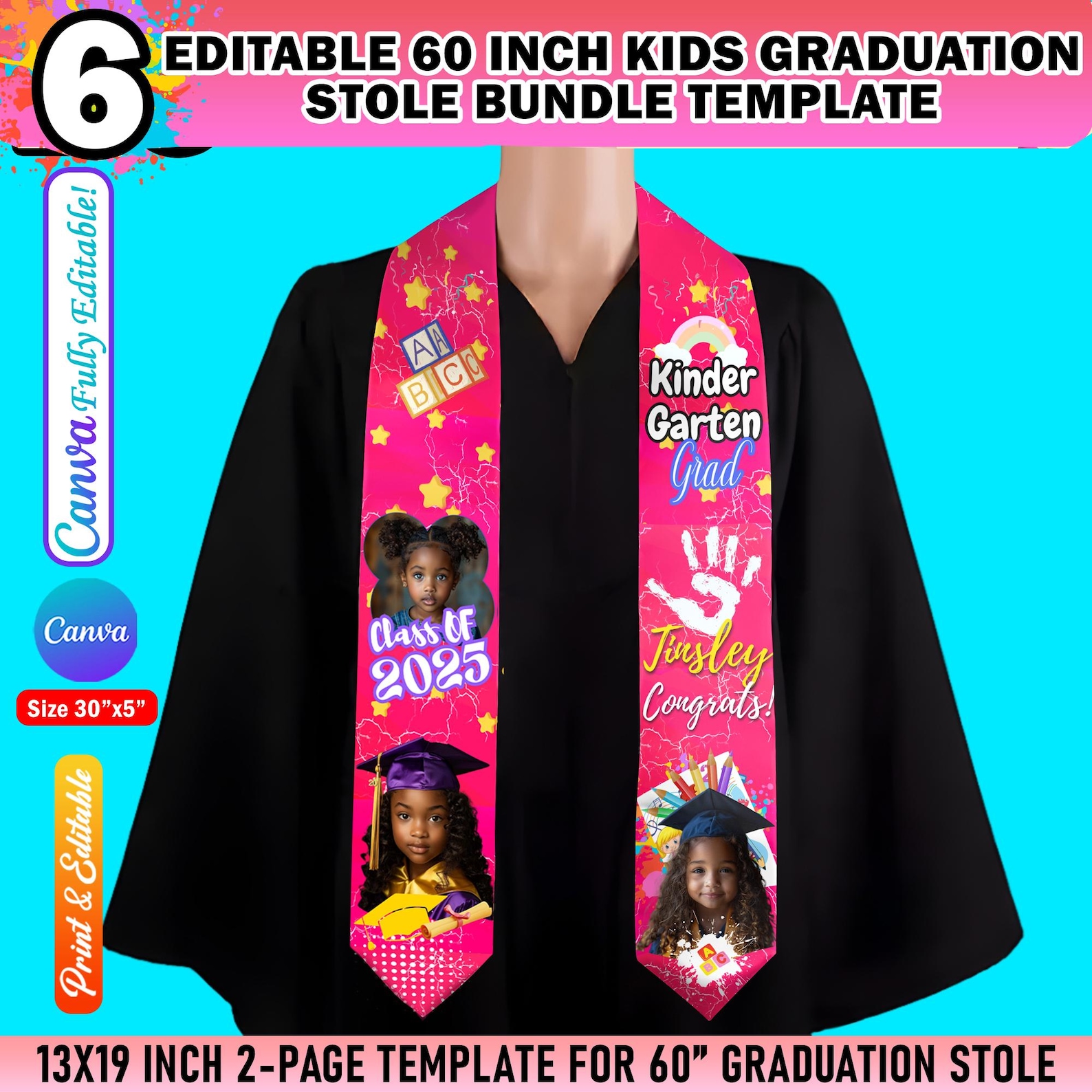 6 Pre-k & Kindergarten Kids Graduation Stole Design Bundle, Kids Sash ...