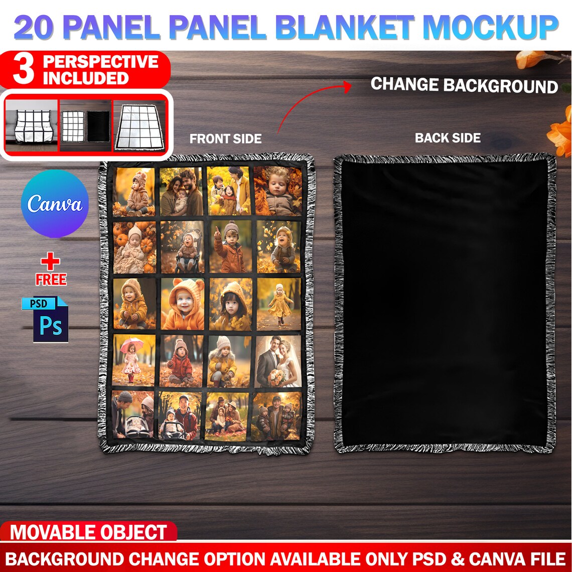 Canva 20 Panel Blanket Mockup With Fringe Edges for Sublimation, 3 ...