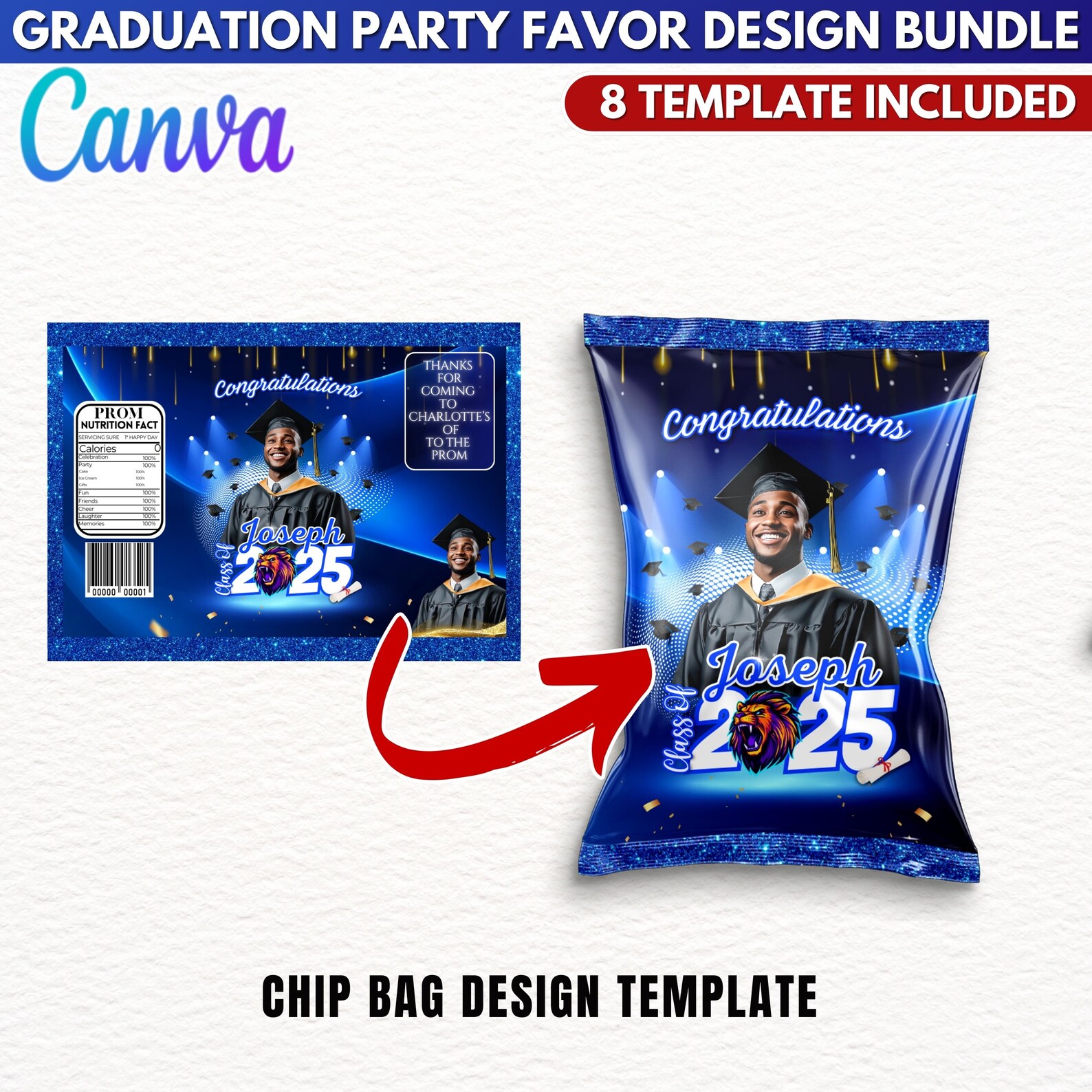 8X Graduation Party Favor Template Bundle, Blue Canva Editable ...