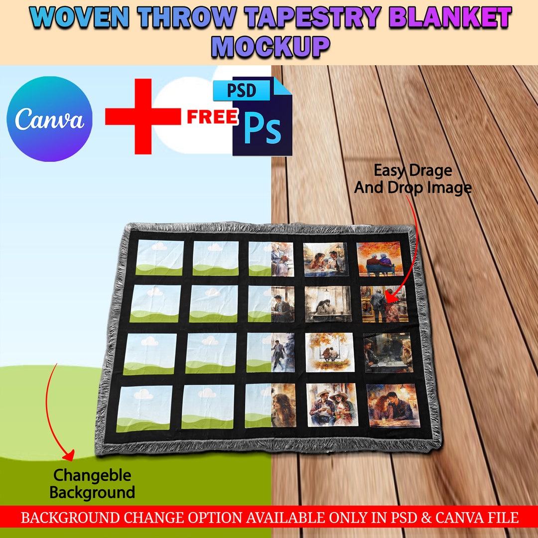 Canva 20 Panel Woven Throw Tapestry Blanket Mockup With Fringe Edges ...
