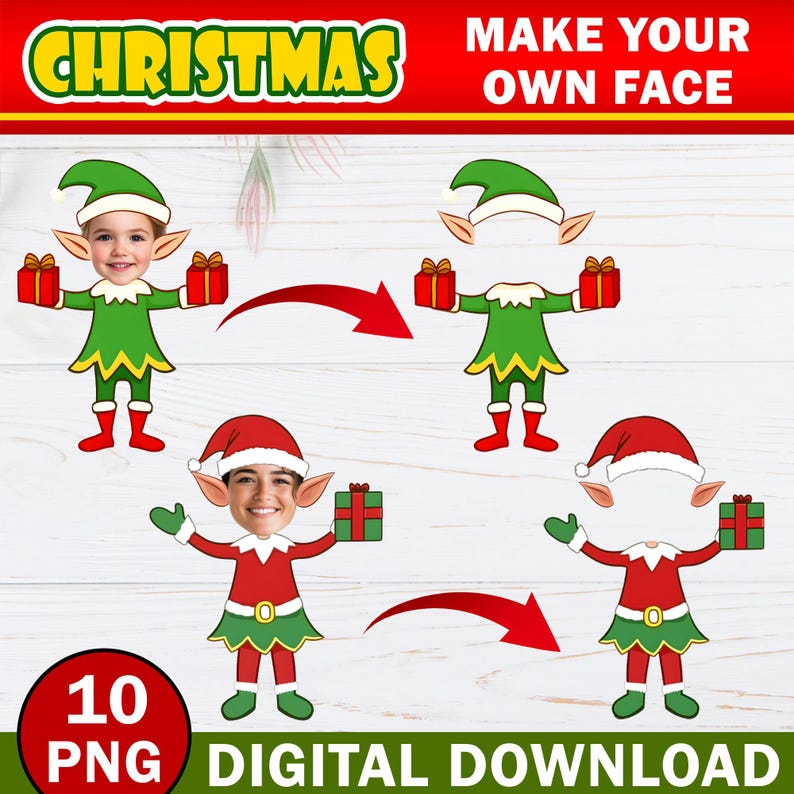Custom Add Your Own Photo Face, DIY Elf Yourself PNG Bundle, Elf Face ...