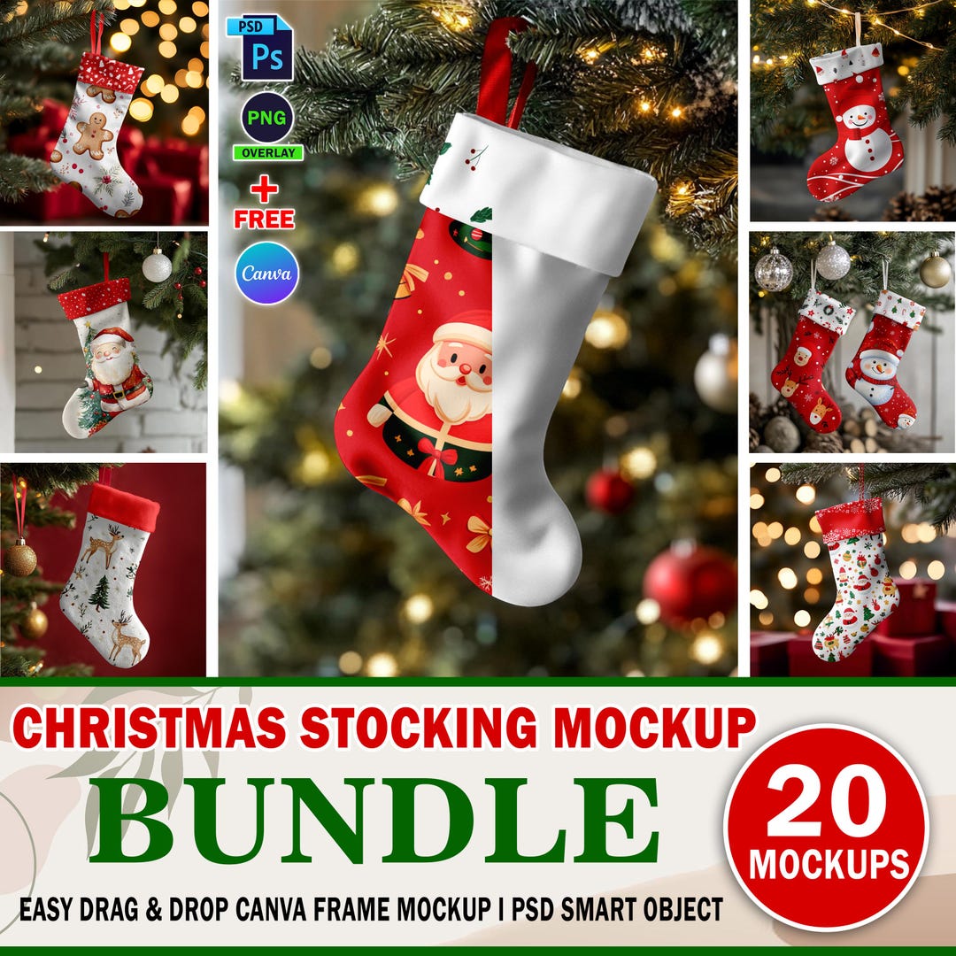 20x PSD Christmas Stocking Mockups Bundle, DIY Holiday Stocking Drag ...