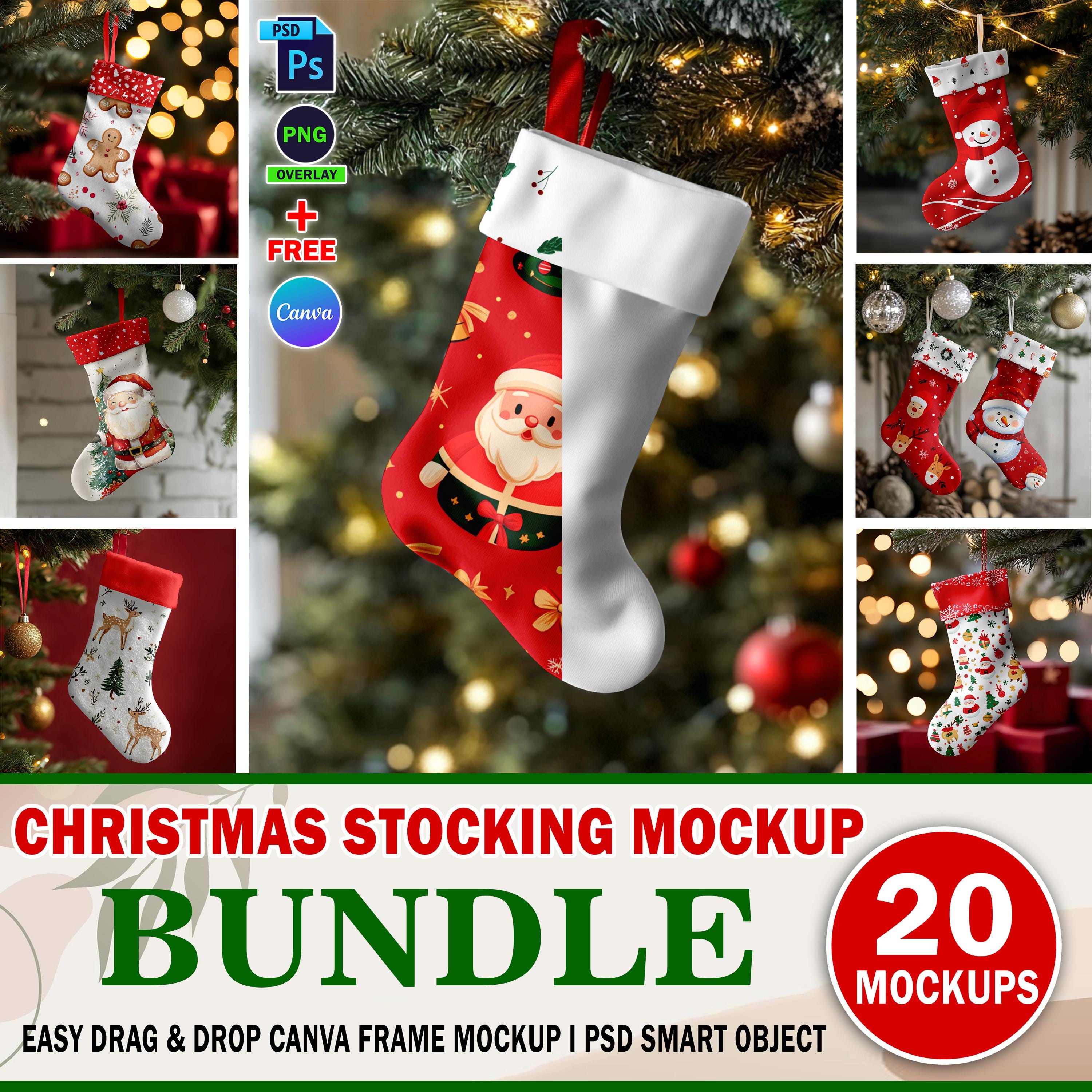 20x PSD Christmas Stocking Mockups Bundle, DIY Holiday Stocking Drag ...