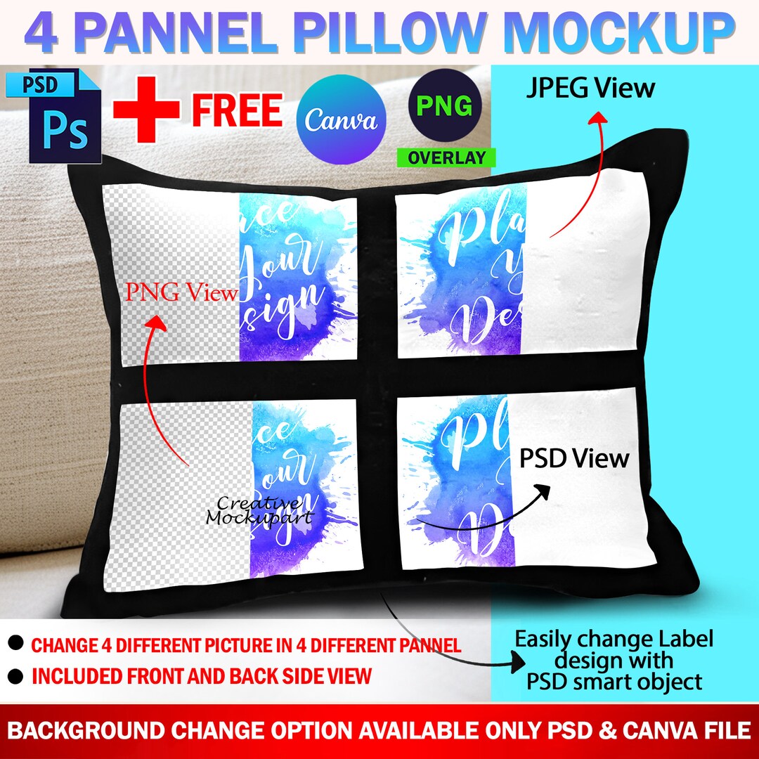 Dye Sublimation 4 Panel Rectangular Pillow Mockup, 4 Panel Photo Pillow Mockup, Insert Design ...