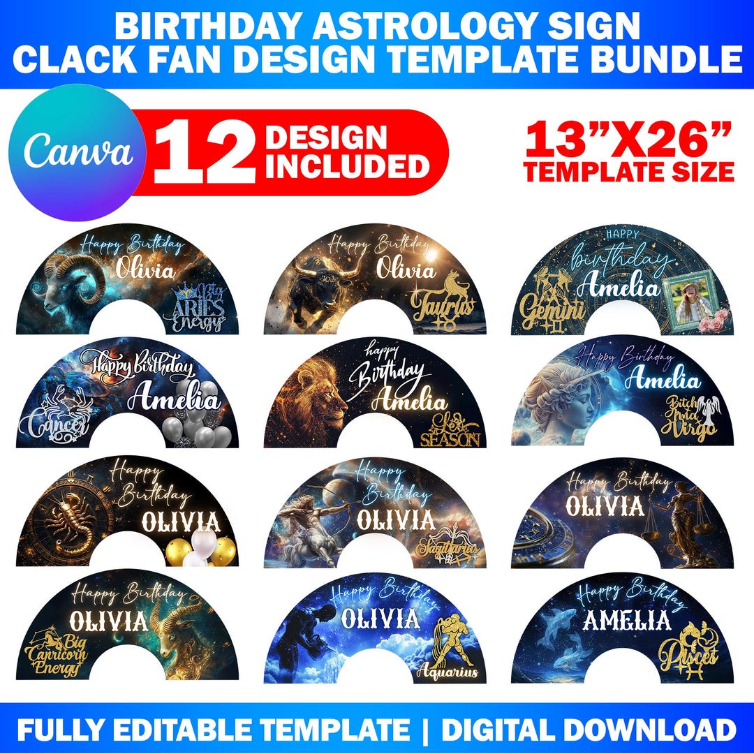 12x Birthday Astrology Sign Clack Fan Design Canva Template, Fully ...