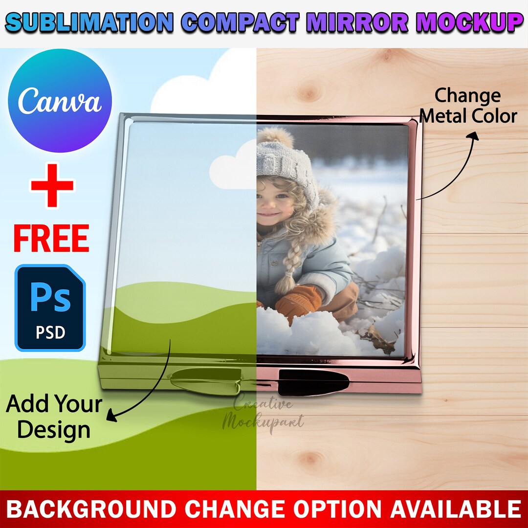 Canva Frame Square Shape Compact Mirror Mockup, for Sublimation, Metal ...