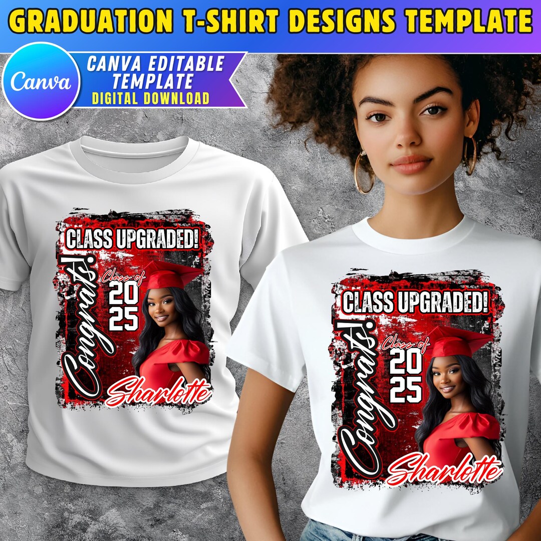 Class Upgraded Graduation T- Shirt Canva Design Template, Red & White ...