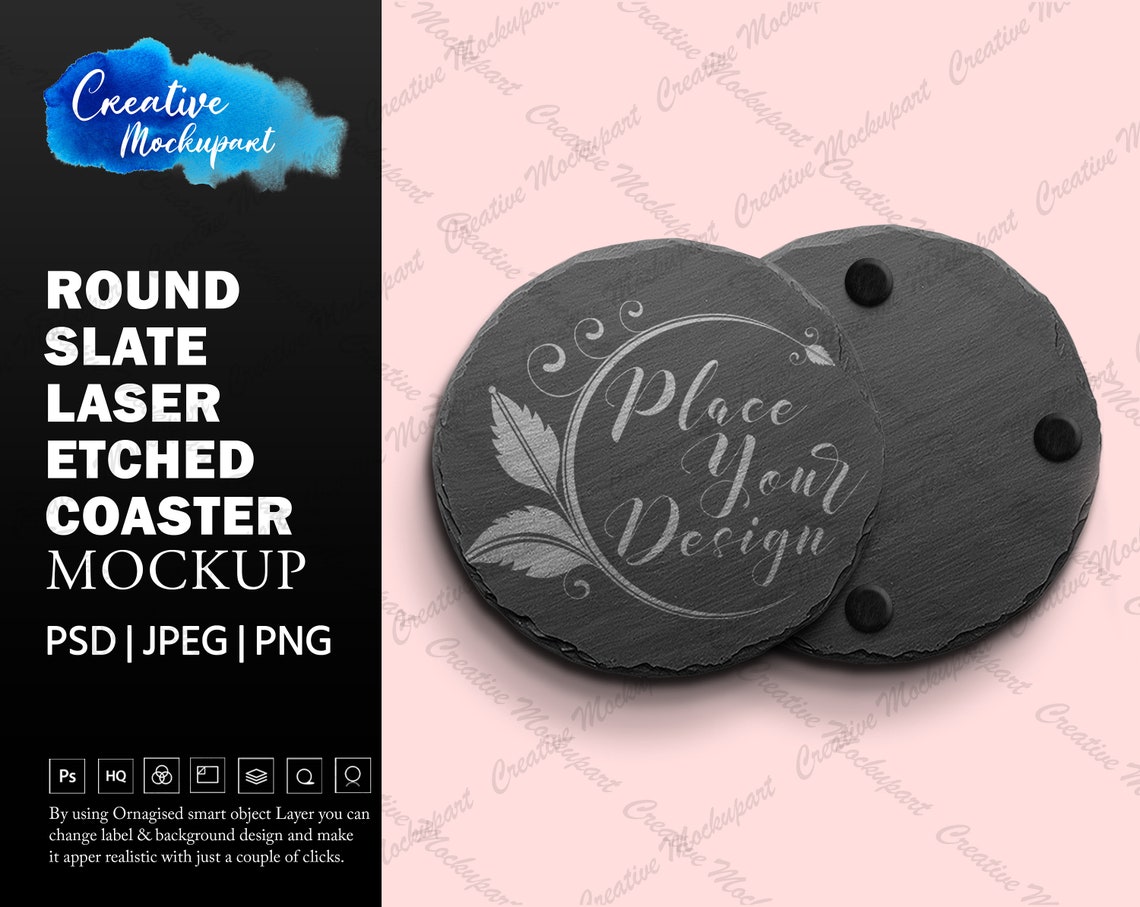 Round Slate Laser Etched Coaster Mockup | Add Your Own Design Image via ...