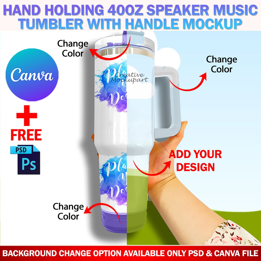 Canva Hand Holding 40oz Speaker Music Tumbler With Handle Mockup ...