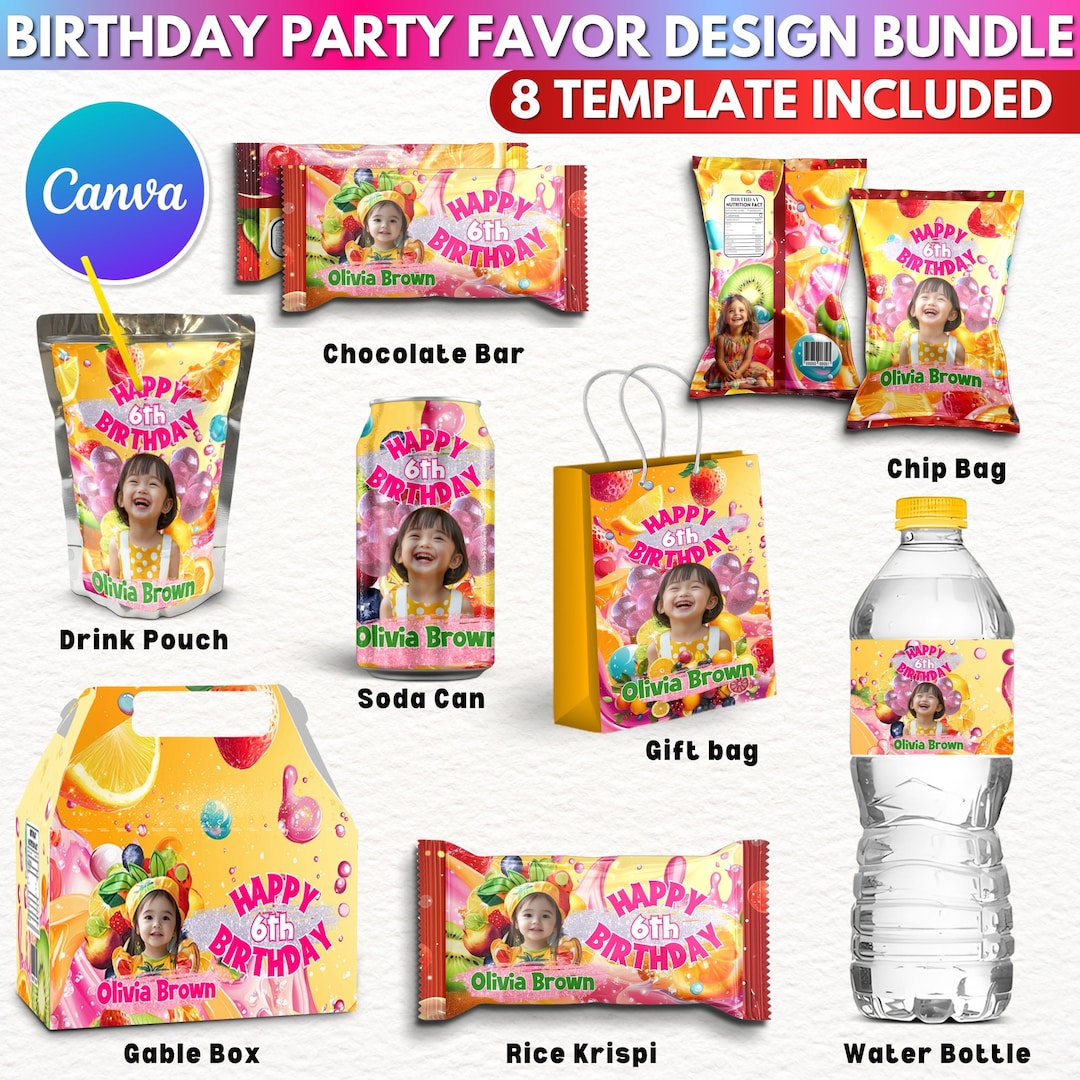 8X Fruits Theme Birthday Party Favor Template Bundle, Canva Editable ...