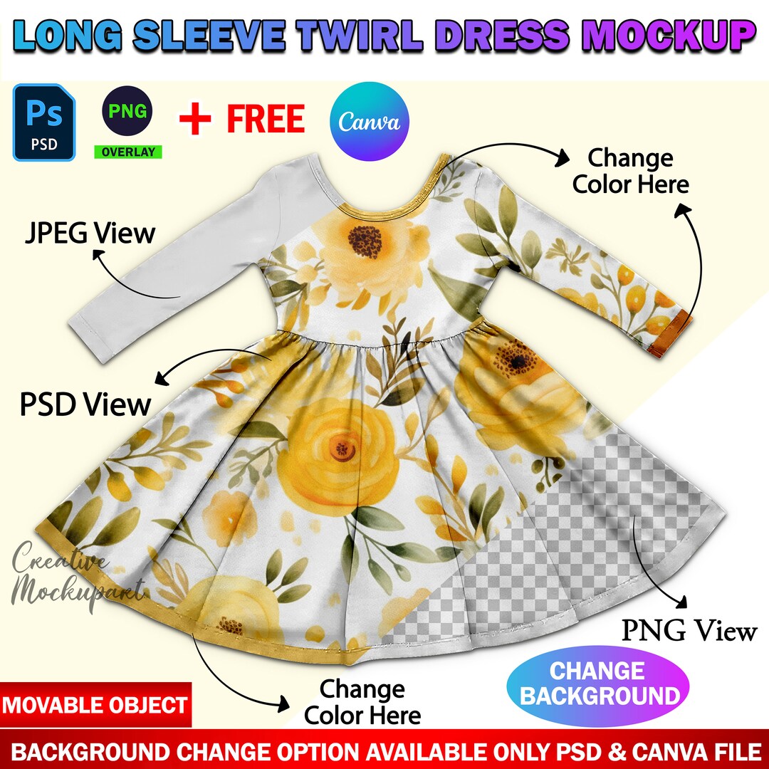 Long Sleeve Twirl Dress Mockup, Kids Dancing Dress Mockup, Insert ...