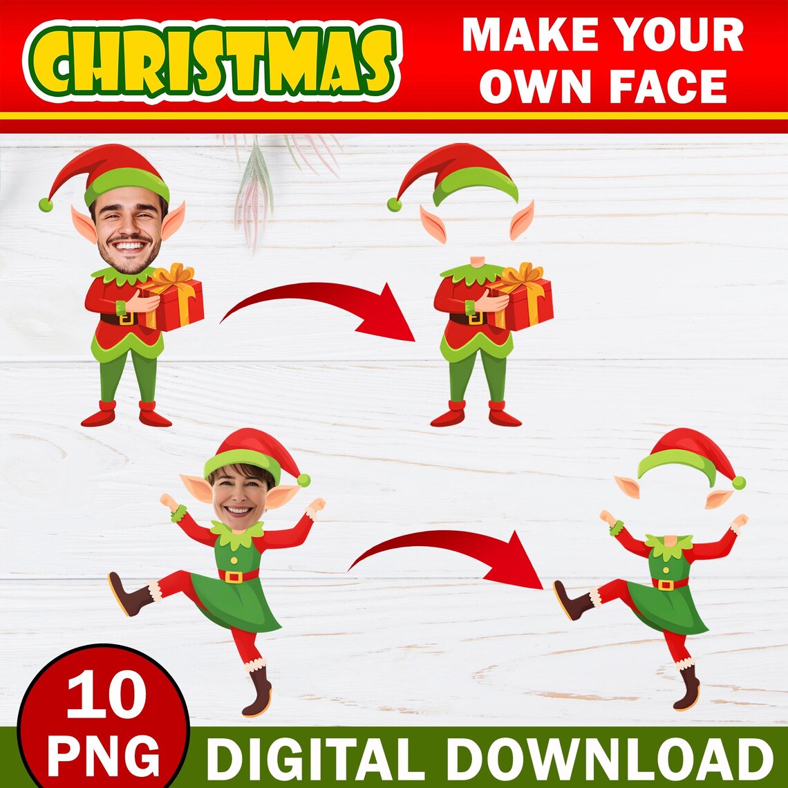 Custom Add Your Own Photo Face, DIY Elf Yourself PNG Bundle, Elf Face ...