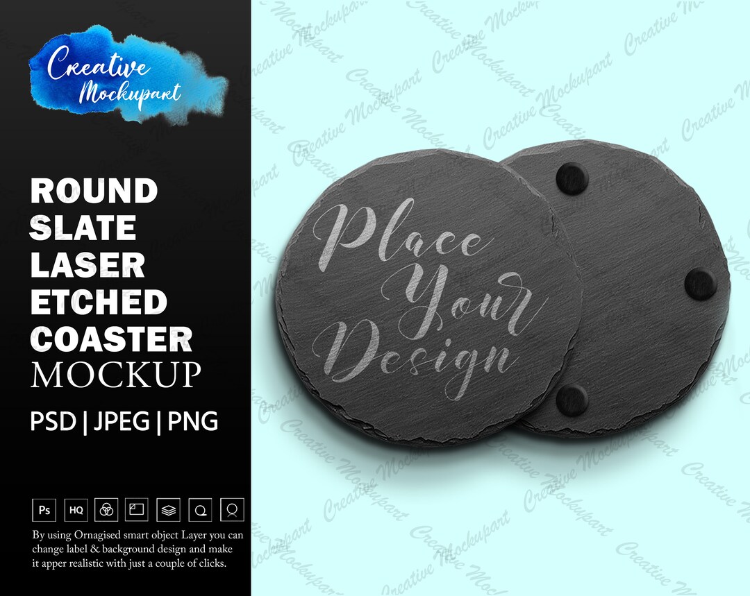 Round Slate Laser Etched Coaster Mockup | Add Your Own Design Image via ...