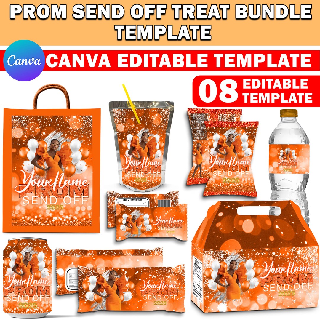 Prom Send off Treat Packaging, Prom Template Bundle, Glitter Orange ...