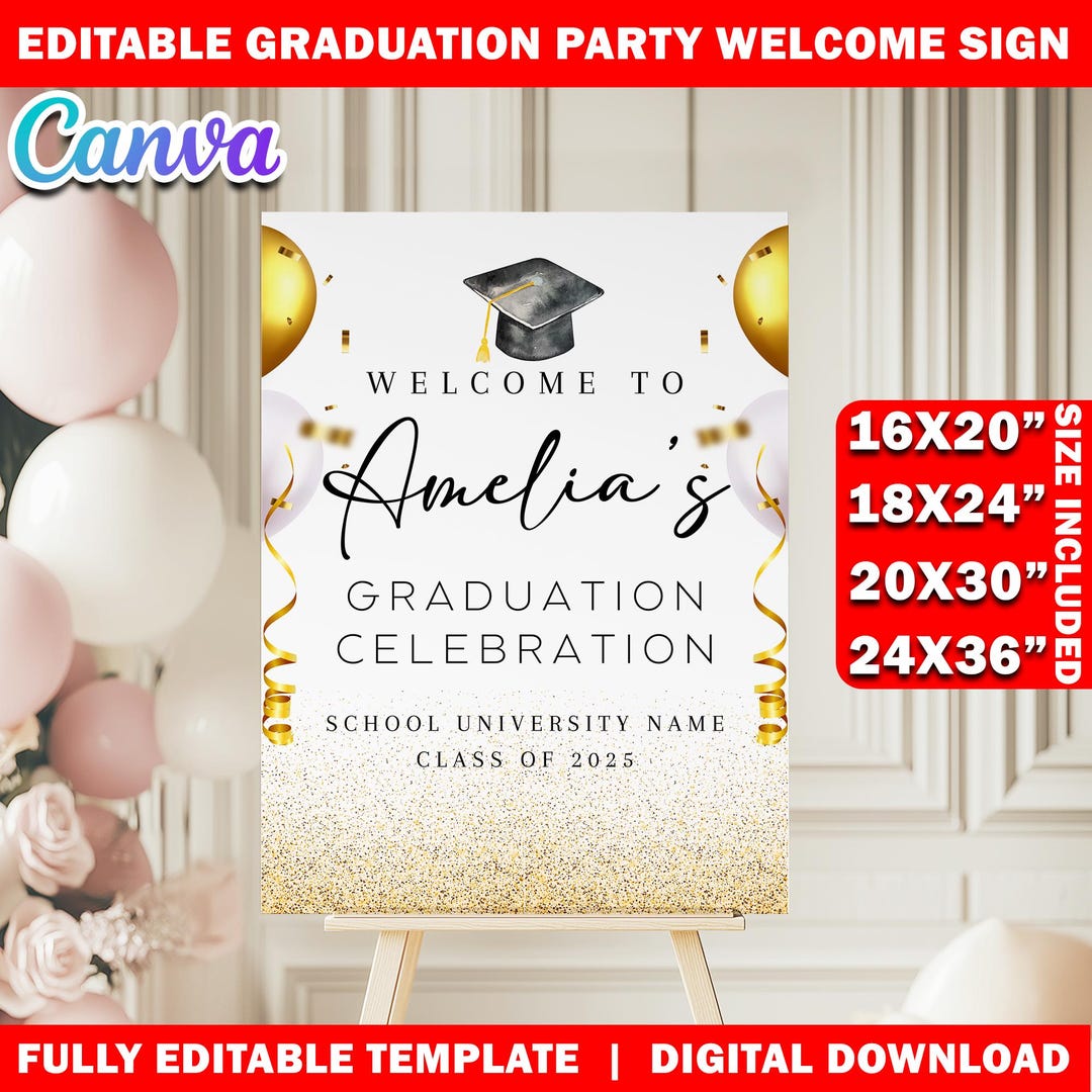 Graduation Party Welcome Sign Template, Editable Canva Grad Gold Decor ...
