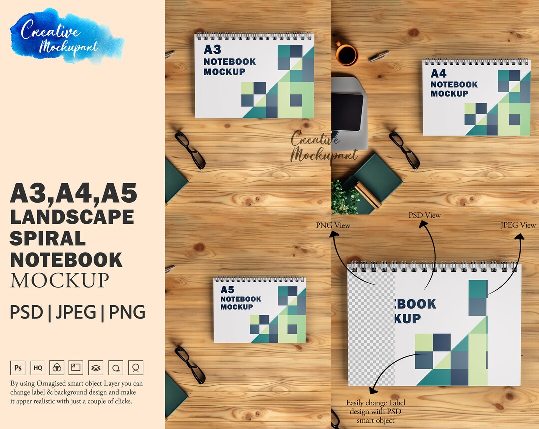 A3,A4,A5 Landscape Spiral Notebook Bundle Mockup | Top Wire Bound Book ...