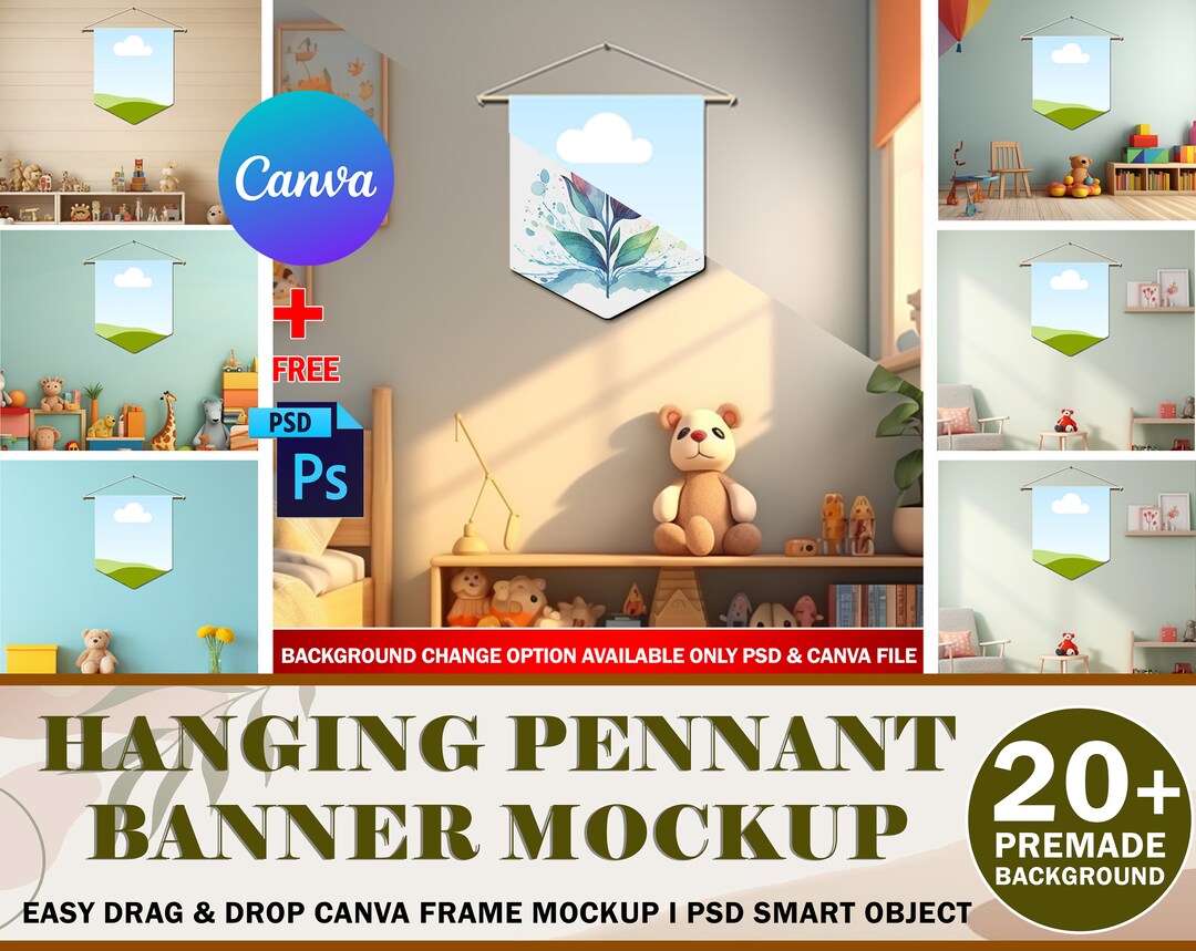 Canva Pennant Banner Mockup, Hanging Pennant Flag Mockup (20 Pre-made ...