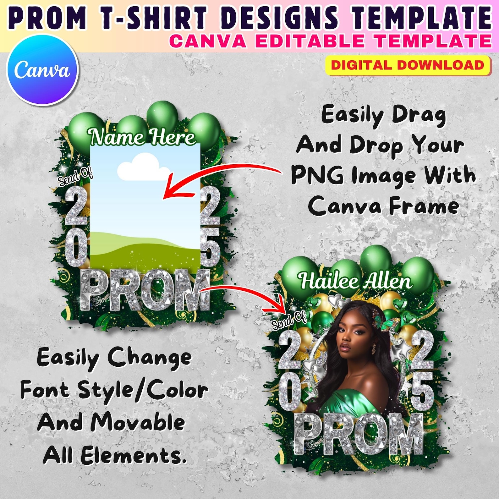 Prom Shirt Design, Green and Silver DTF T-shirt Design Template, 16x20 ...