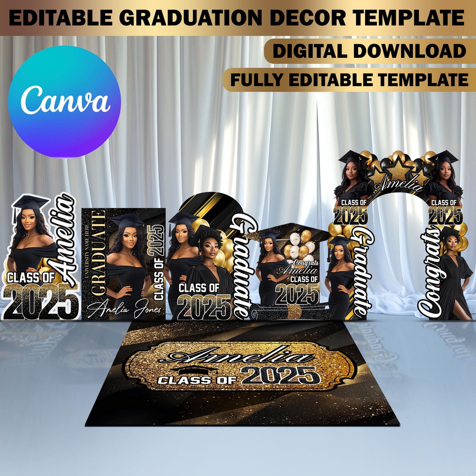 Custom Graduation Decor Canva Template Bundle, Name Cutout, Black Grad ...