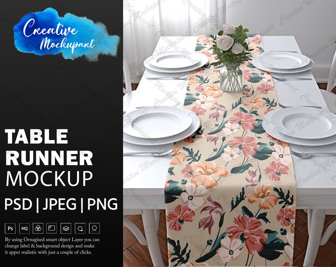 Table Runner Mockup| Dye Sublimation Linen Table Runner on Table Setup ...