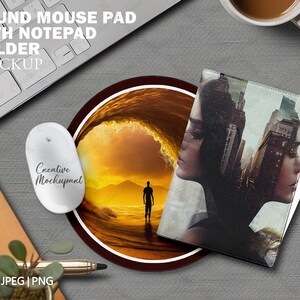 Round Canva Frame Mouse Pad & Notepad Holder Mockup Set Template Drag ...