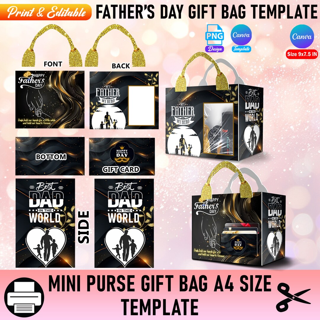 Father's Day Gift Box Template, Gold & Black Designer Handbag With Gift ...