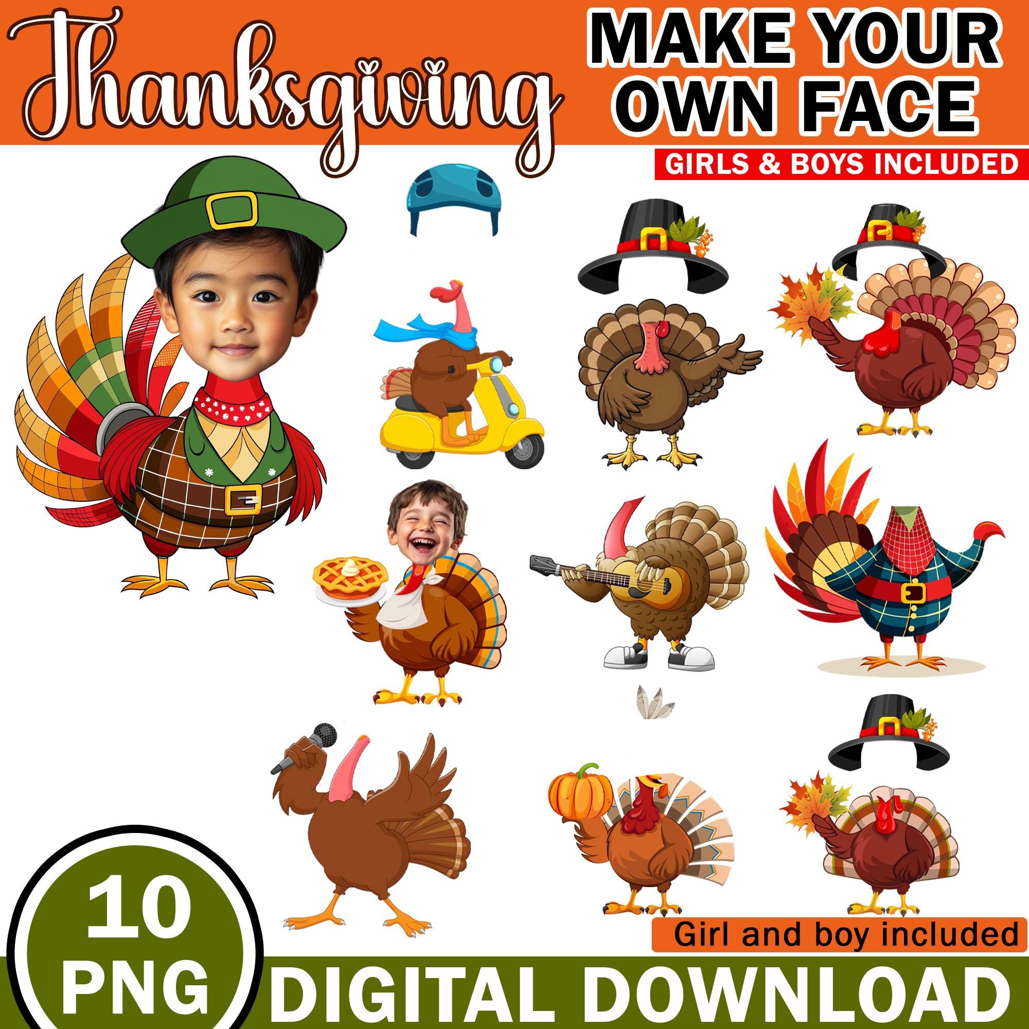 10x DIY Turkey Face PNG Bundle – Add Your Own Face Thanksgiving Craft ...