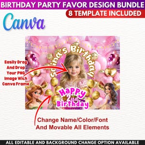 8X Birthday Party Favor Template Bundle, Pink Canva Editable Birthday ...
