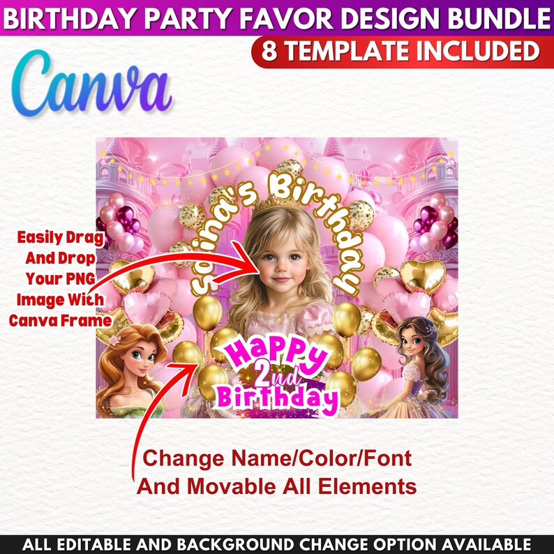 8X Birthday Party Favor Template Bundle, Pink Canva Editable Birthday ...