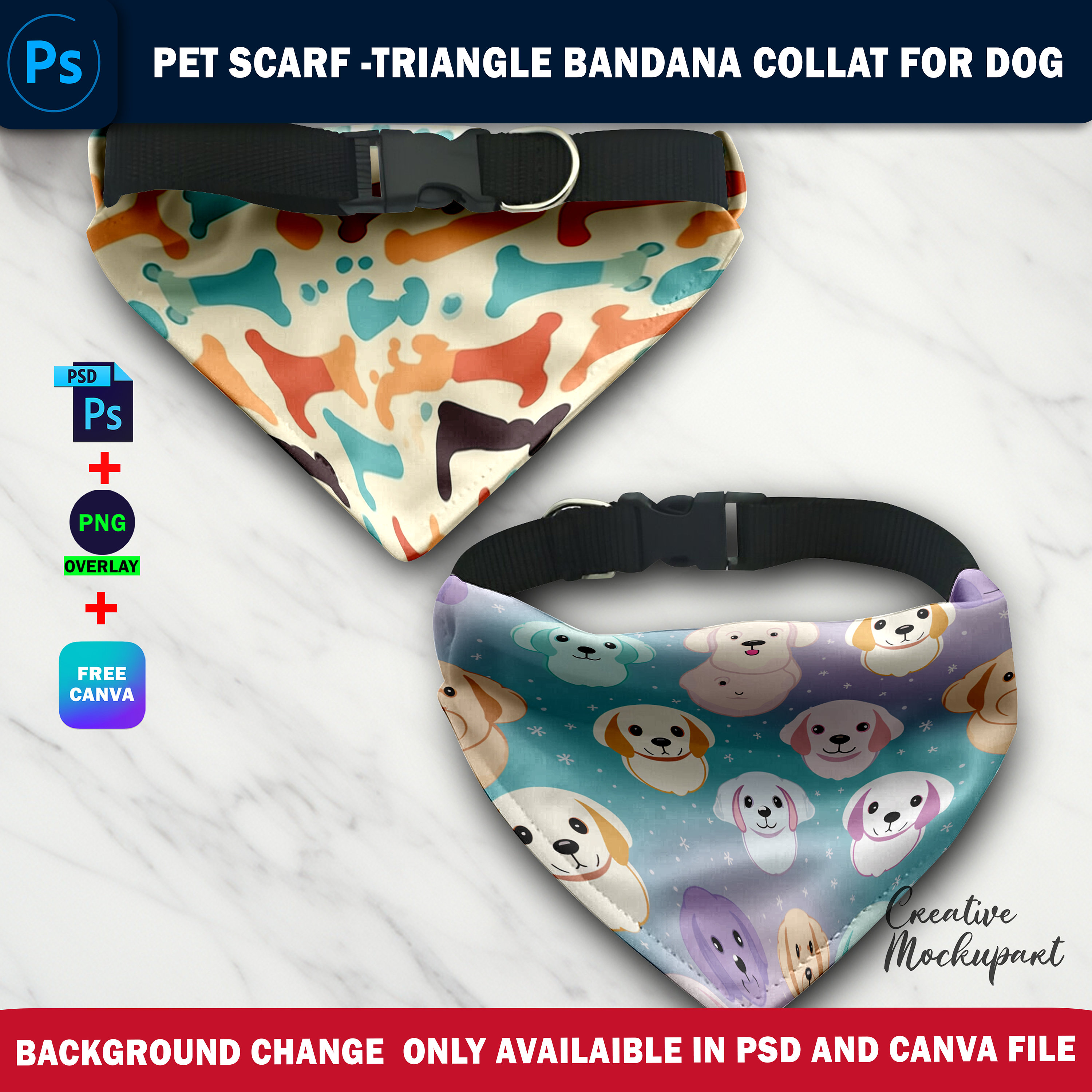 Dye Sublimation Pet Scarf Mockup, Triangle Bandana With Collar Mockup ...